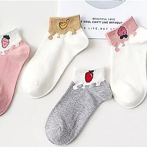 Aufona 5/10 Cute Crew Socks for Women Floral Cotton Socks Ankle Socks for Girls Teen (5 Pairs-Fruit)