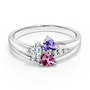 Gem Stone King 925 Sterling Silver Customized and Personalized 3 Heart Shape Gemstone Birthstone Forever United For Her Engagement Promise Ring For Women (Size 8)