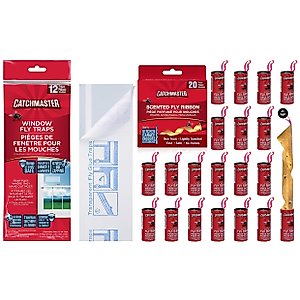 Catchmaster Fly Trap Bundle, Window Fly Traps 12-Pack & Fly Ribbon 20-Pack, Bug & Fly Traps for Indoors and Outdoors, for Garage, Backyard, Pool, & Patio