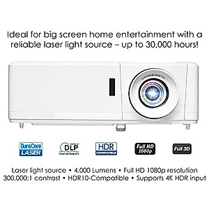 Optoma HZ39HDR Laser Home Theater Projector with HDR | 4K Input | 4000 lumens | Lamp-Free Reliable Operation 30,000 hours | Easy Setup with 1.3X Zoom | Quiet Operation 32dB | Crestron Compatible,White