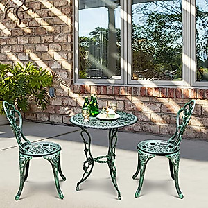 Giantex 3 Piece Bistro Set Cast Aluminum Rose Design Antique Outdoor Patio Furniture Weather Resistant Garden Round Table and Chairs w/Umbrella Hole (Rose Design)