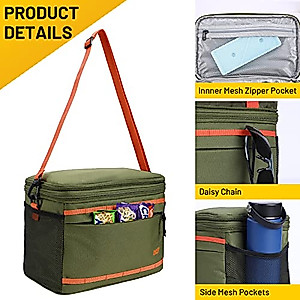 MIER Small Insulated Lunch Bags 12-Can Lunchbox Cooler Totes with Collapsible Expandable Compartment for Work Day-Trip Beach Grocery (Army Green/Orange)