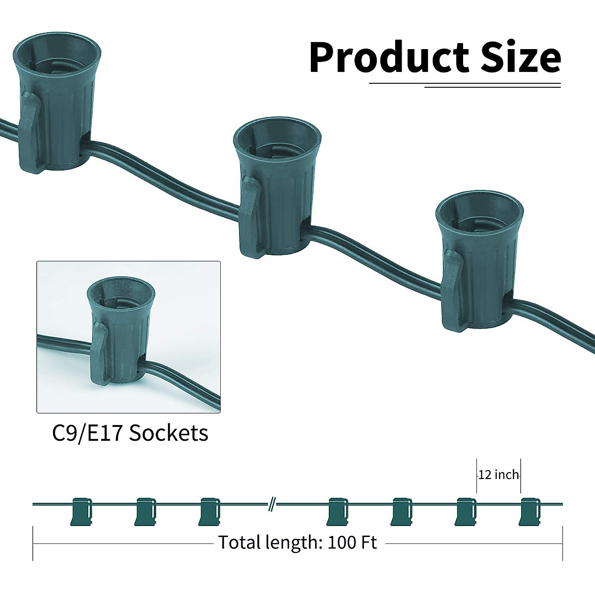 C9 Light Strand 100 FT for E17-12 Spacing, Outdoor String Light Christmas Stringer with 100 Sockets for Patio, Green Wire