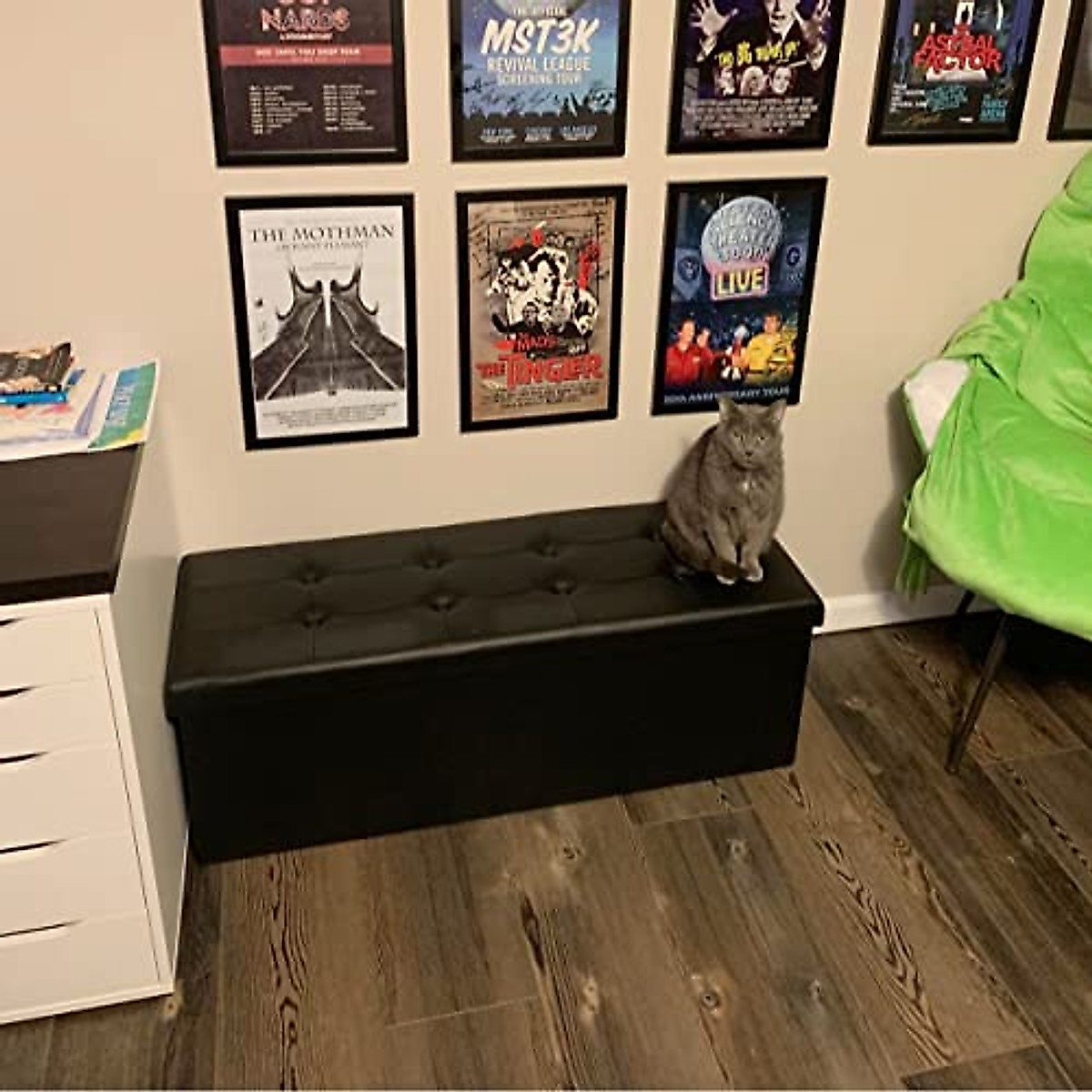 KEYWORD FAMILY 43 in Folding Leather Storage Ottoman Bench, Rectangular Black Footrest， Foam Pouf Tray Footstool with Storage, for Living Room, Bedroom& Hallway