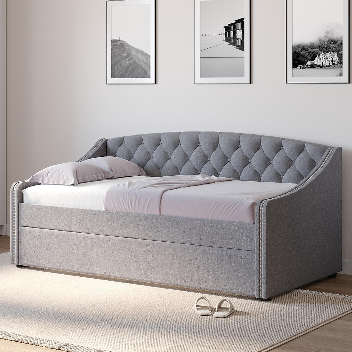 DG Casa SUVA Traditional Upholstered Daybed with Trundle Platform Bed Frame with Diamond Button Tufting Nailhead Trim and Full Wooden Slats, Box Spring not Required - Twin Size Day Bed in Gray Fabric