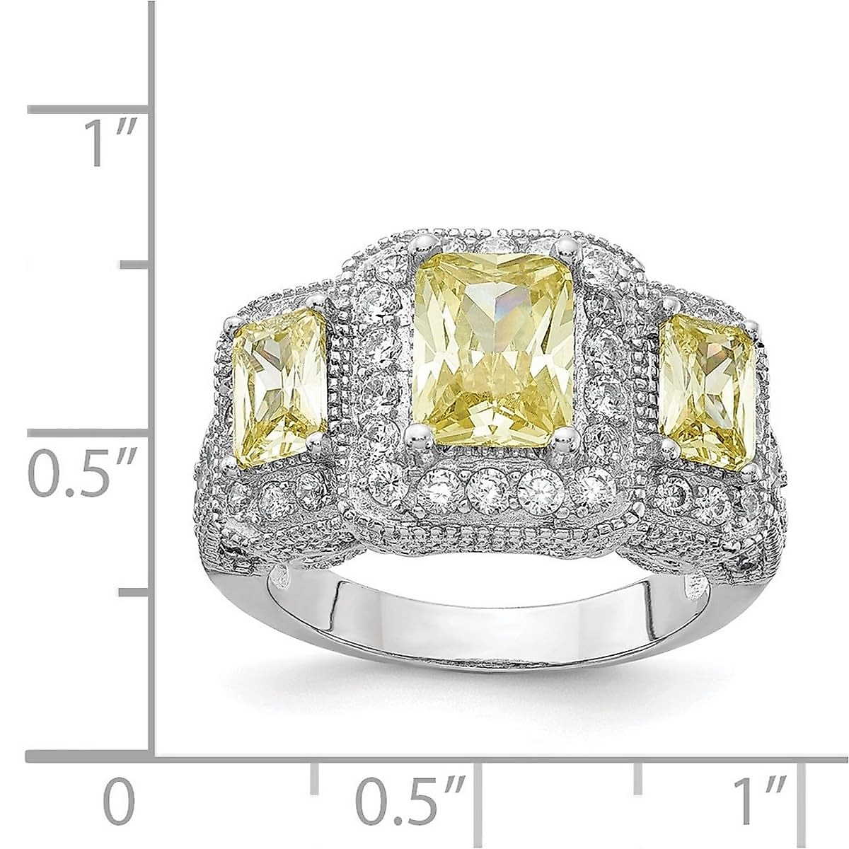 925 Sterling Silver Step Cut Radiant Cut Canary and White CZ Cubic Zirconia Simulated Diamond 3 stone Ring Size 7 Measures 13.25mm Wide Jewelry for Women