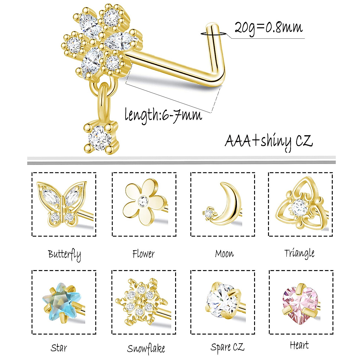 Fxiqini 12Pcs Nose Stud Rings L Shaped Cubic Zirconia Stainless Steel Nose Studs Moon Butterfly Snake Flower Red Heart Star Dangle Nose Piercing Jewelry Nose Stud for Women Men 20G Silver Gold Tone