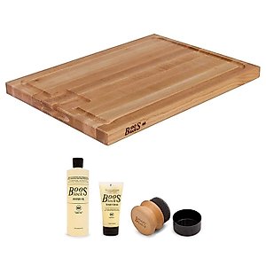 John Boos Cutting Board Bundle with Au Jus 18" Cutting/Carving Board with Juice Groove, Maple Wood and 3 Piece Wood Cutting Board Care and Maintenance Set