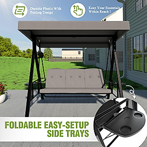 MUPATER Patio Porch Swing Chair, 3-Seat Outdoor Canopy Swing Glider with Stand and Cushion for Outside, Backyard and Deck, Grey