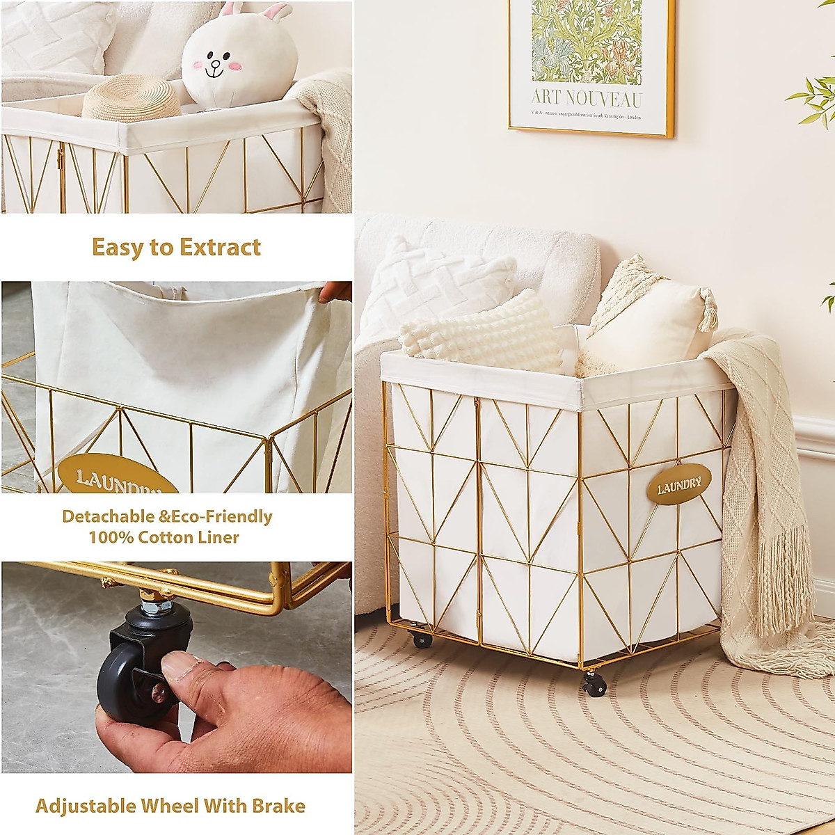 Wimarsbon Laundry Baskets,Collapsible Laundry Basket with Wheels,Removable Lined for Easy Cleaning Storage Basket,Sturdy Metal Frame for Clothes Storage for Living Room (210L-LD-Gold)