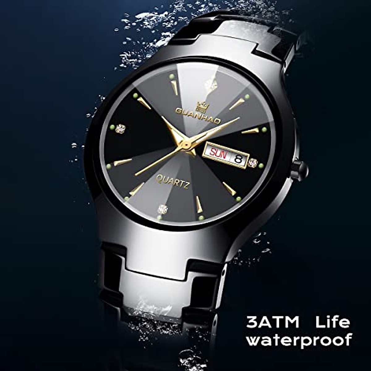 GUANHAO Ceramic Watches for Men, Black Business Men's Wristwatches with Calendar and Weeks, Quartz Watches with Ceramic Band Diamond Dial for Male Luminous Hands
