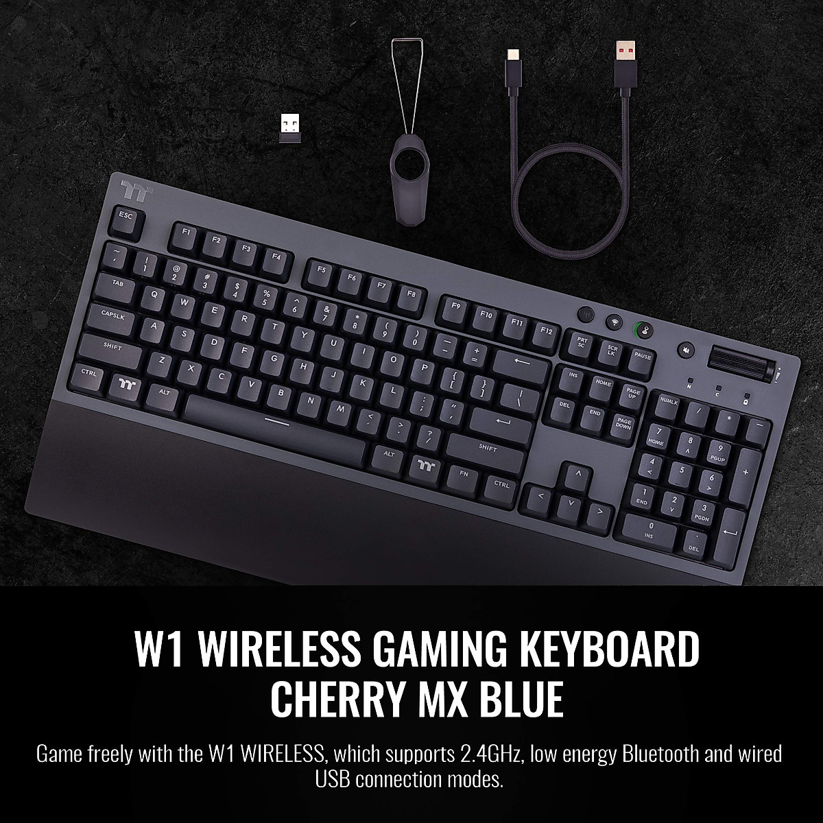 Thermaltake W1 Wireless Gaming Keyboard Cherry MX Blue, 2.4GH per Minute, Bluetooth 4.2, Low Energy Technology, USB Type-C Connection. GKB-WOW-BLSNUS-01,Titanium Gray