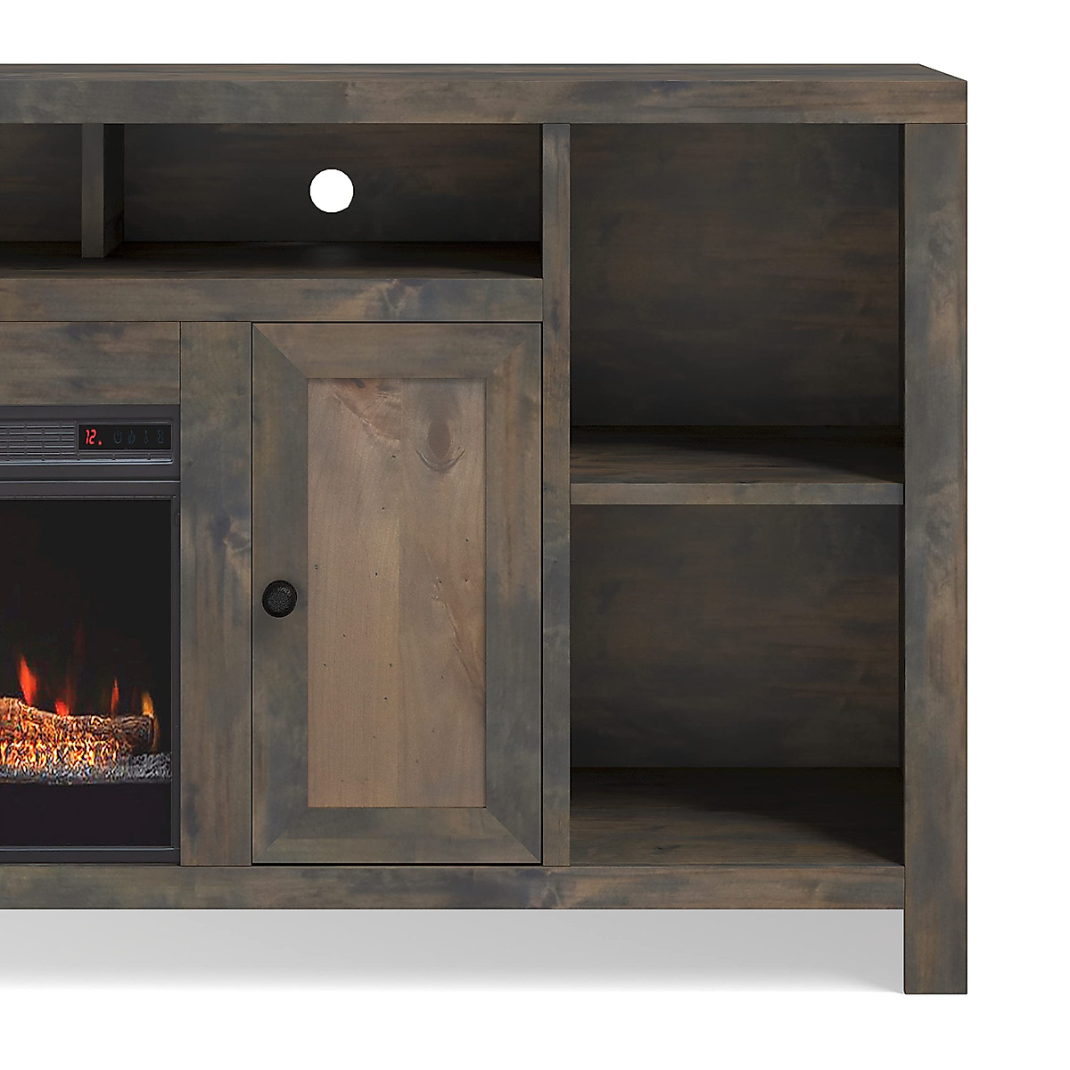 Bridgevine Home Rustic Joshua Creek Fireplace TV Stand Entertainment Center, Accommodates TVs up to 95 Inches, Fully Assembled Knotty Alder Solid Wood, 84 Inches, Barnwood Finish