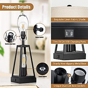 Set of 2 Farmhouse Touch Table Lamps with USB Ports, 3-Way Dimmable Bedside Nightstand Lamps, 2 Light Rustic Industrial Table Lamps for Living Room Bedrooms Reading Room, Rotary Switch, Bulbs Included