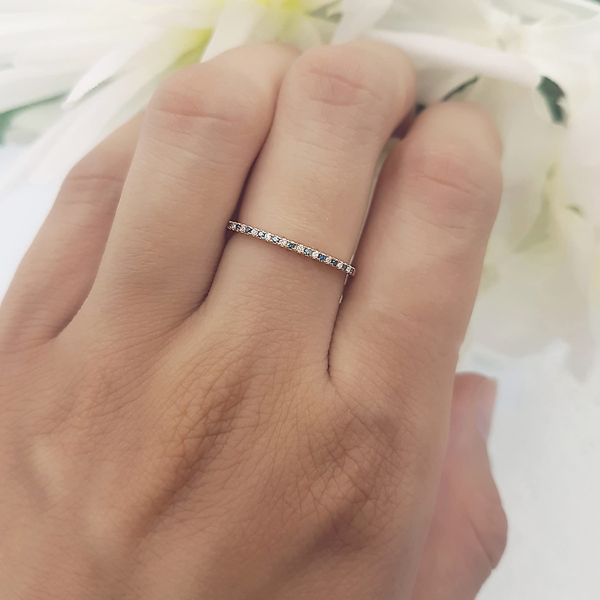 Dazzlingrock Collection 0.08 Carat (ctw) Alternate Round Blue & White Diamond Dainty Stackable Wedding Band for Her in 10K Yellow Gold Size 7