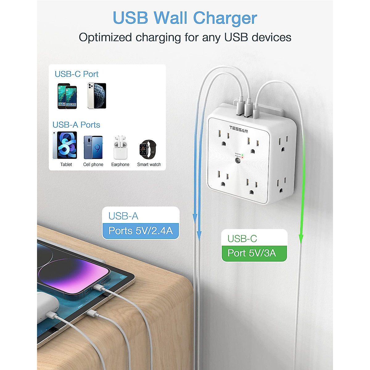 Surge Protector 8 Outlet Extender, TESSAN Multi Outlet Splitter with 3 USB Wall Charger (1 USB C Port), 3-Sided Multiple Plug Power Strip 1700J, USB Charging Station for Home Office Dorm Room