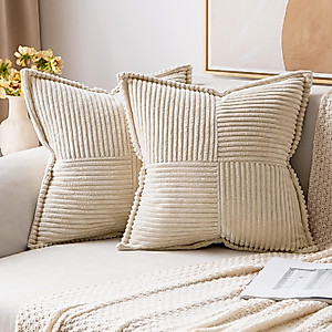 MIULEE Corduroy Pillow Covers with Splicing Set of 2 Super Soft Boho Striped Pillow Covers Broadside Decorative Textured Throw Pillows for Spring Couch Cushion Livingroom 18x18 inch, Beige