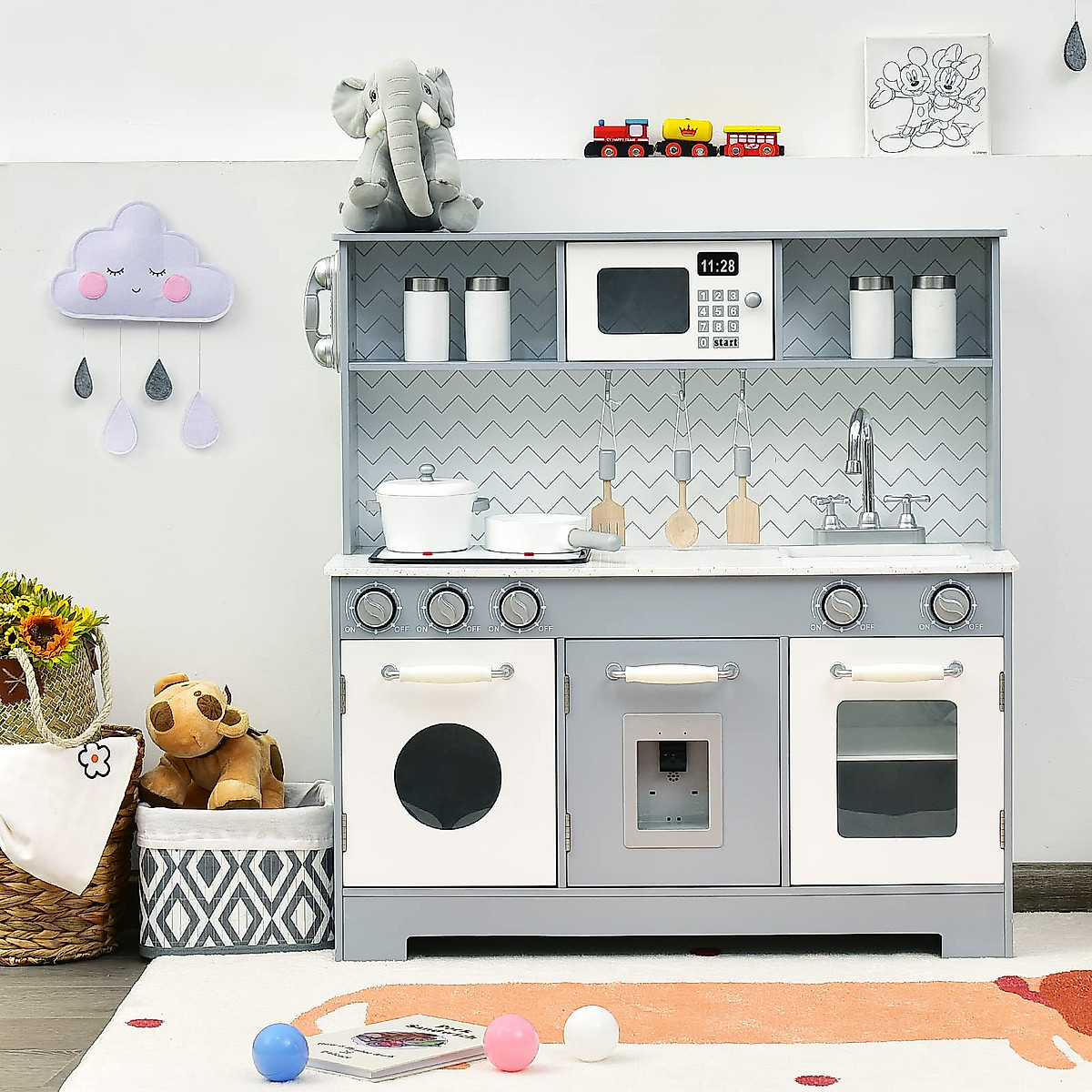 OLAKIDS Kids Kitchen Playset, Pretend Cooking Food Set for Toddlers with Real Light and Sound, Stove, Microwave, Sink, Water Dispenser, Large Storage Cabinet, Role Play Chefs Toy Gift for Boys Girls