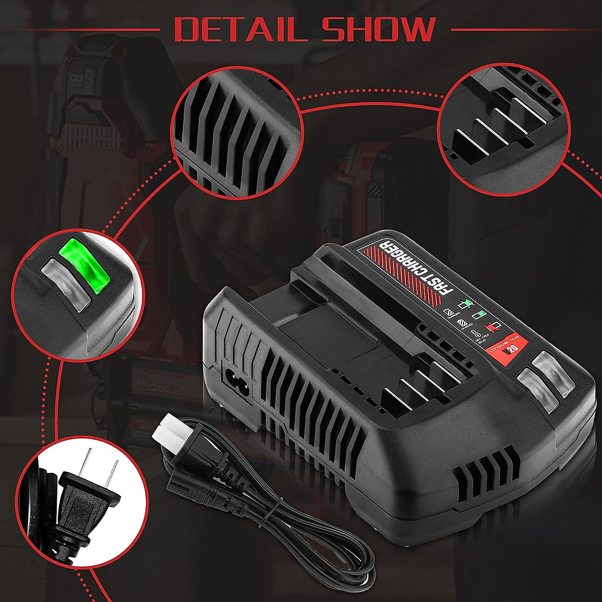 2 Packs 20V 3.0Ah V20 Lithium ion Replacement Battery and CMCB104 Charger Compatible with Craftsman 20 Volt Battery MAX CMCB205 CMCB204 CMCB206 CMCB202 CMCB201 20 Volt Cordless Power Tools (Red)