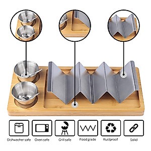 Stainless Steel Taco Stand Holder With Bamboo Tray - Set of 2 - Taco Tuesday With Four Sauce Holders and Four Spoons - Holds Up to 4-6 tacos - Stainless Steel Racks With Handles Oven & Grill Safe