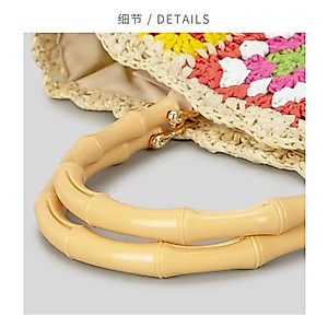 Bohemian Granny Square Handbags Casual Paper Woven Bamboo Handle Women Hand Bags Handmade Beach Bag Large Tote Purse (Beige)