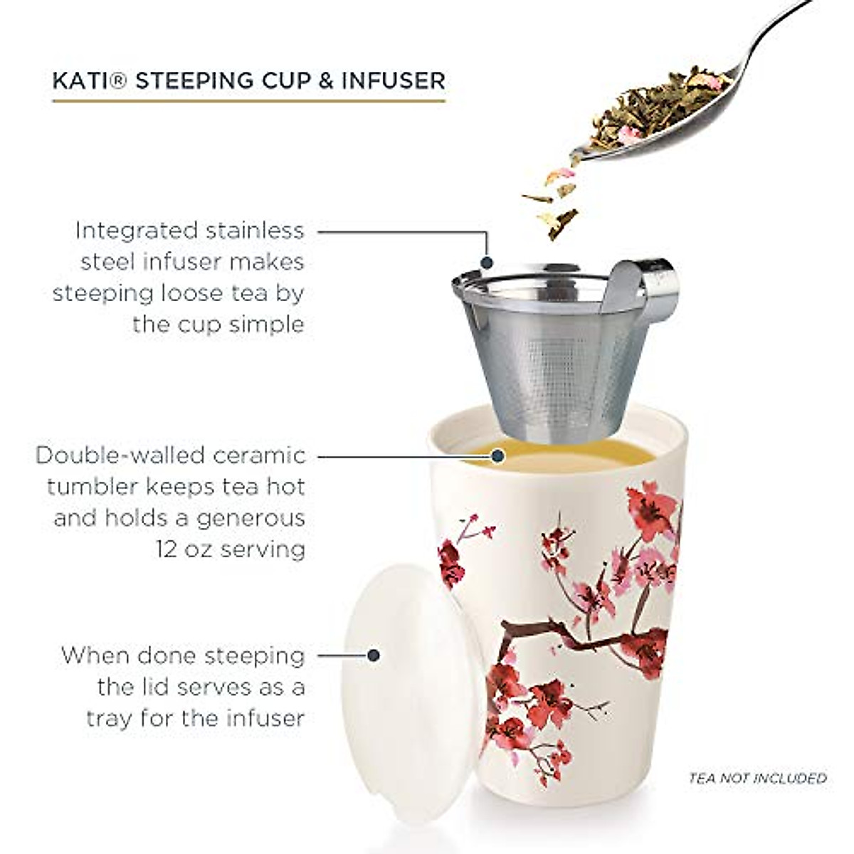 Tea Forte Kati Cup Cherry Blossoms, Ceramic Tea Infuser Cup with Infuser Basket and Lid for Steeping Loose Leaf Tea