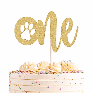 AHAORAY Paw Print One Cake Topper - Gold Glitter Pet Dog First Birthday Cake Decorations Supplies - Pet Puppy Theme Party Cake Decor, for Pet Birthday Party, Baby Shower Favors or Photo Booth Props