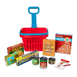 Melissa & Doug Fill and Roll Grocery Basket Play Set With Play Food Boxes and Cans (11 pcs), Frustration-Free Packaging)