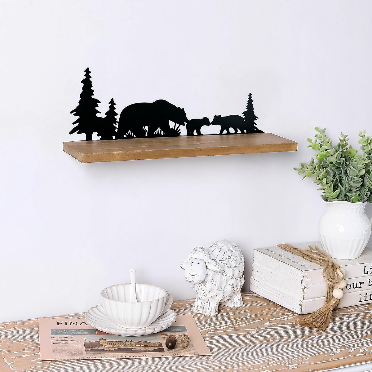 Synovana Wall Mount Shelf Farmhouse Cabin Wooden Floating Shelf Wall Decor Rustic Hanging Rectangular Wall Shelves for Bathroom Living Room Laundry Room - Bear Shadow Design