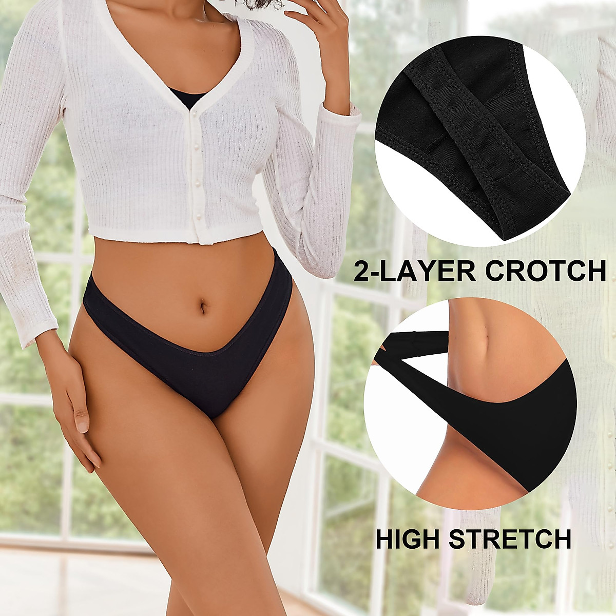 Ekouaer Thong Underwear Women Invisible Underpants No Show Seamless G-String Cotton Thongs 6 Pack Black XL Underwear