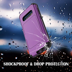 WeLoveCase S10 Plus Wallet Case Defender Wallet Card Holder Cover with Hidden Mirror Three Layer Shockproof Heavy Duty Protection All-Round Armor Protective Case for Samsung Galaxy S10+ Plus Purple
