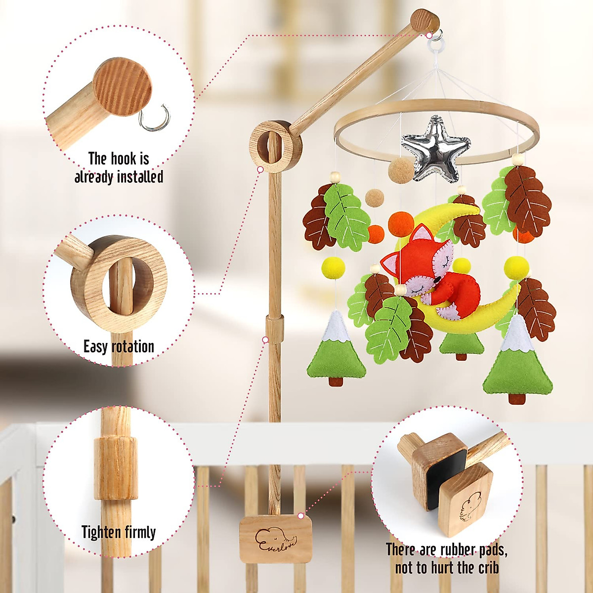EVERLOVE | Wooden Mobile Arm for Crib - Baby Mobile Holder for Crib - Baby Mobile Hanger for Crib (100% Ash Wood)