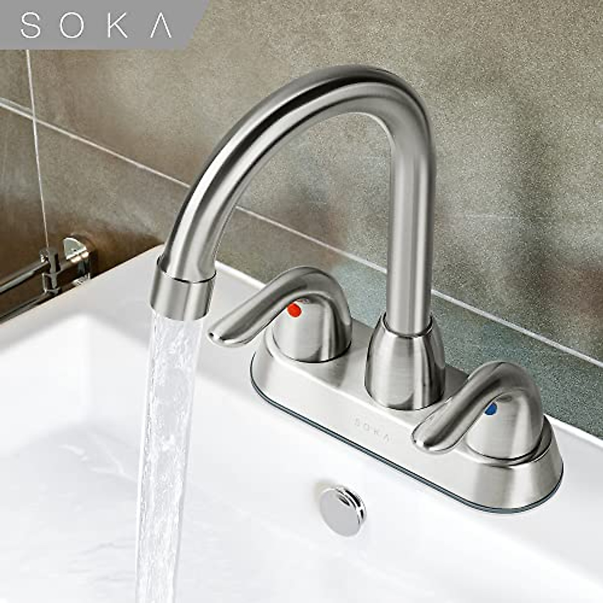 SOKA Centerset Bathroom Sink Faucet Two Handles High Arc 4" Lavatory Bath With Deck Plate & Pop-Up Drain Fit 3 Hole Installation, Brushed Nickel (SK18001NY)
