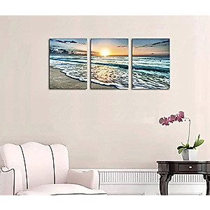 Canvas Wall Art Beach Sunset Ocean Waves Wall Decor 3 Pieces x 12" x 16" Modern Seascape Canvas Artwork Contemporary Nature Pictures Painting Giclee Prints Framed Ready to Hang for Home Decoration