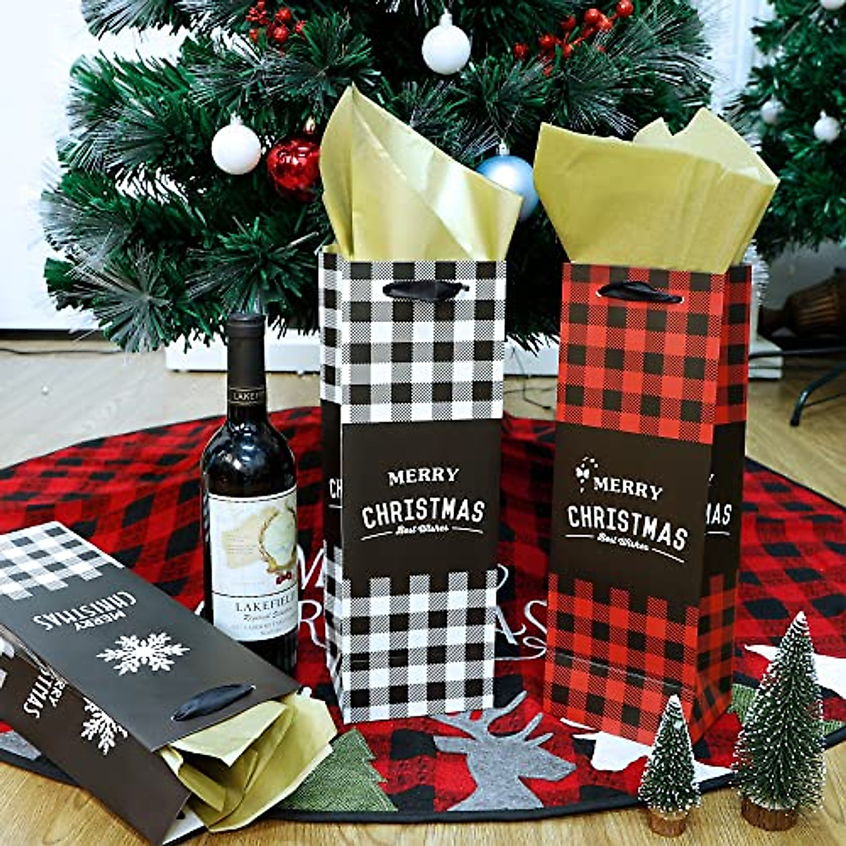 Lulu Home Christmas Bottle Gift Bags, Set of 12 Buffalo Plaid Wrapping Bags with Golden Tissue Paper, Xmas Bottle Gift Bags with Ribbon Handles, 13.9" x 4.7" x 3.9"