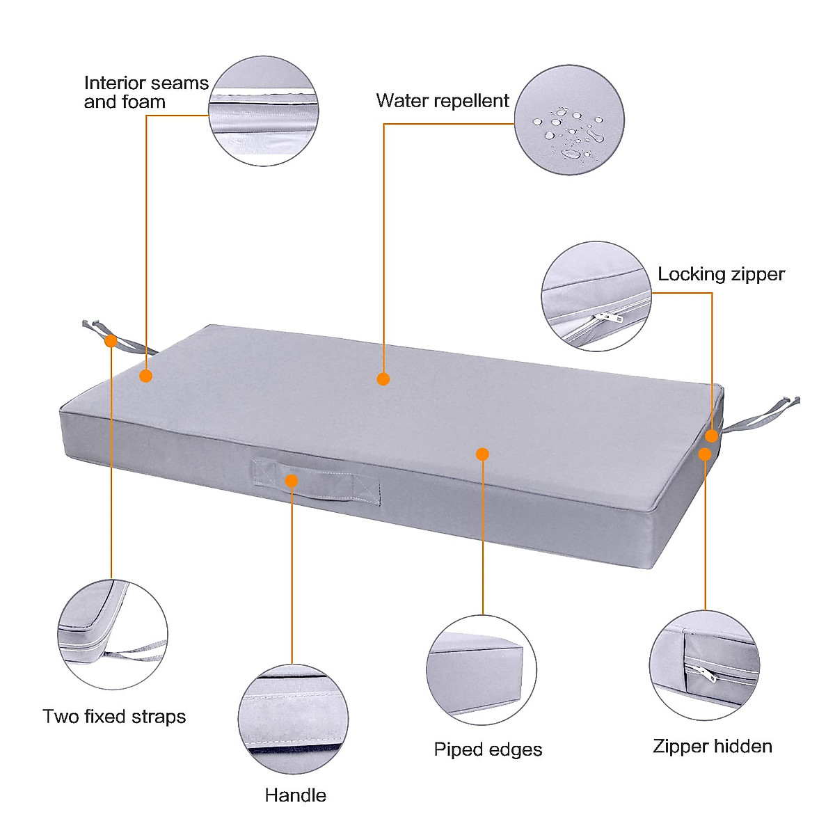 Faible Poisson Outdoor Bench Cushion and Replacement Cover, 42 x 18 Inch Waterproof Porch Swing Cushions with Handle and Anti-Slip Straps for Garden Patio Furniture