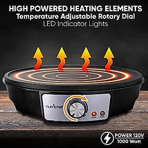 NutriChef Electric Griddle & Crepe Maker | Nonstick 12 Inch Hot Plate Cooktop | Adjustable Temperature Control | Batter Spreader & Wooden Spatula | Used Also For Pancakes, Blintzes & Eggs