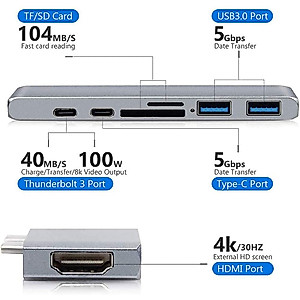 WangW USB C Hub, 7 in 1 Type C Aluminum Adapter for MacBook Pro 13″ and 15″ 2016/2017/2018/2019, Air 2018/2019, 4K USB C HDMI, 2 USB 3.0 Ports, TF/SD Card Reader,USB C Power Delivery,Black