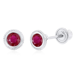 Sterling Silver Rhodium 3mm Round Ruby Rope Bezel Screwback Earrings