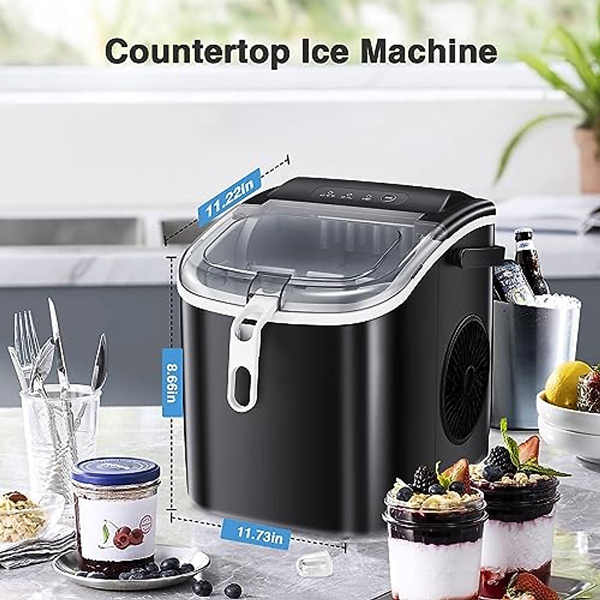 R.W.FLAME Ice Makers Countertop，Ice Maker 6 Minutes 9 Ice Cubes 24 Hours 26 lbs Self-Cleaning Portable Ice Maker with Handle and Ice Scoop, Ice Maker for Home/Office/RV/Party（Black）
