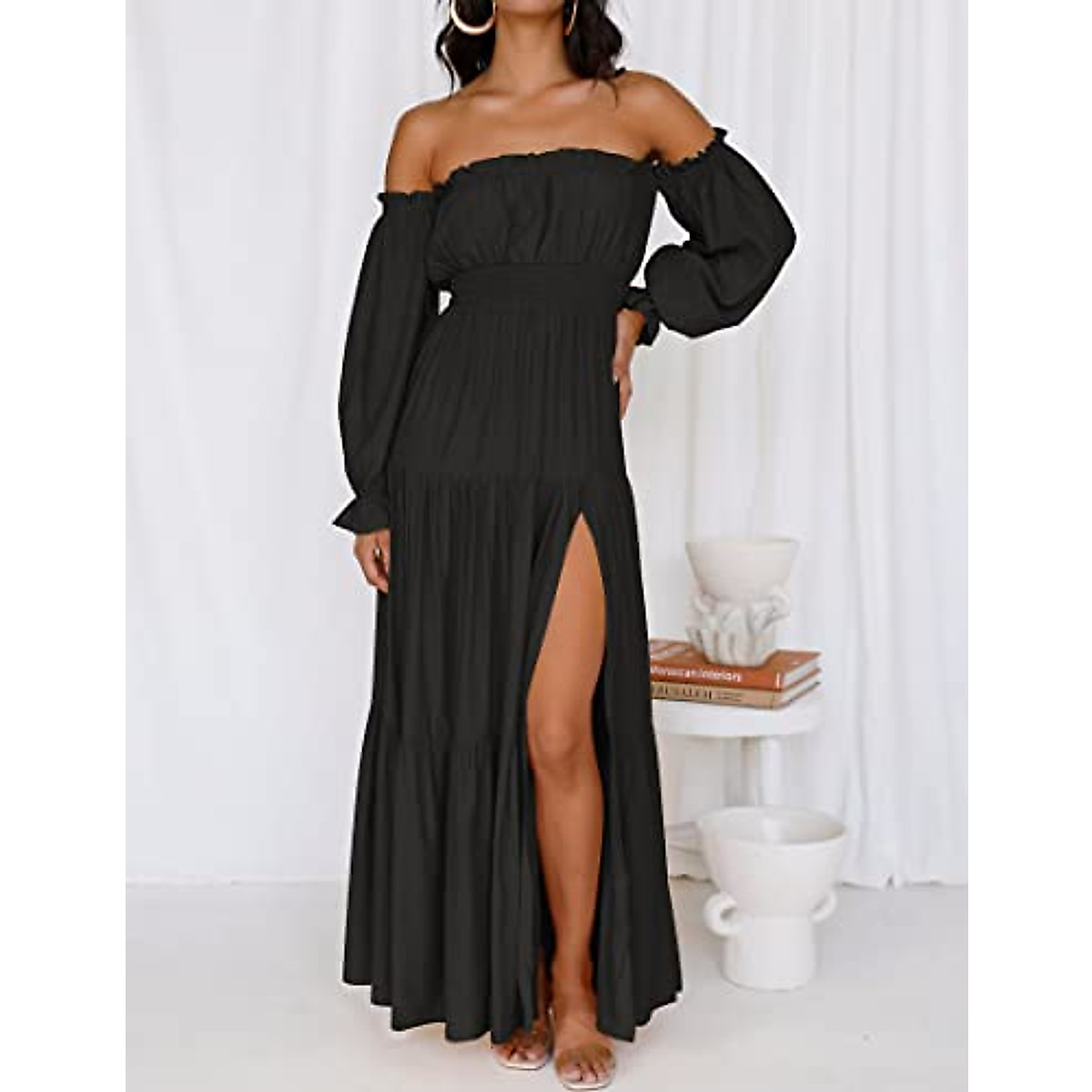 ZESICA Women's 2023 Boho Sexy Off Shoulder Long Sleeve Smocked High Waist Side Split Flowy A Line Tiered Long Maxi Dress,DarkBlack,Large