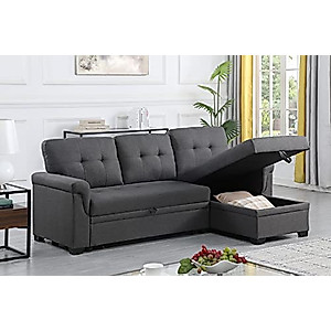 OMMGG 84'' L-Shape Convertible Sleeper Sectional Sofa, Linen Upholstered Reversible Corner 3 Person Couch with Storage Chaise and Pull-Out Bed, for Living Room, Apartment, 84, Dark Gray-1