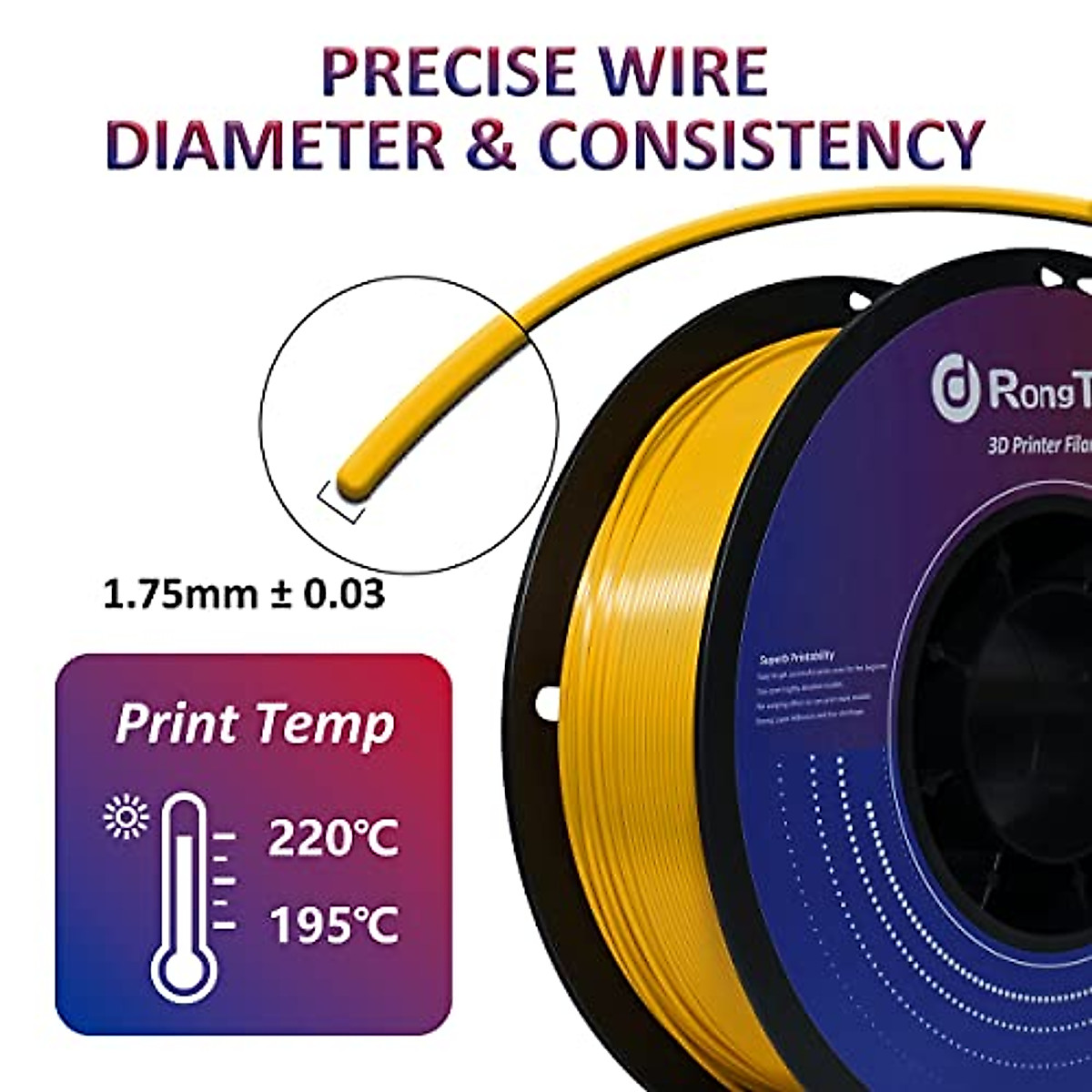 PLA Silk Gold Yellow 3D Printer Filament 1.75mm, RongTong 3D Printing Silk PLA 1kg/2.2lb Spool Printing Material, Silky Shiny Metallic Luster Surface Filament, Fits Most FDM 3D Printers