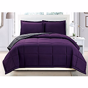 Grand Linen 3 Piece Luxury Dark Purple/Grey Reversible Soft Down Alternative Comforter Set, King/Cal King with Corner Tab Duvet Insert