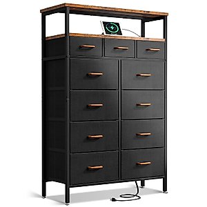 AODK Dresser with Charging Station, 59-Inch Tall Dresser for Bedroom with 11 Storage Drawers, Large Fabric Dressers with Sturdy Metal Frame and Wooden Top, Vintage