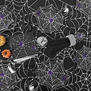 durony 201 Pieces Halloween Spider Web Party Supplies Tableware Set Including Halloween Spiderweb Disposable Paper Plates Cups Napkins Knives Forks Spoons Straws Tablecloth Serves for 25
