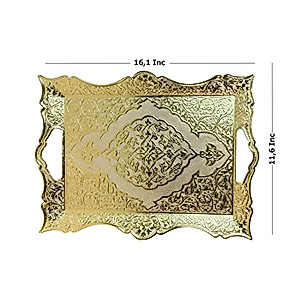 ChanceGift Turkish Tea Coffee Beverage Dinning Gold Serving Tray and Platters with Handled Ottoman Motif Decorative Middle Table Rectangular (16.1x11.6x1Inc) 40x29.5x2cm
