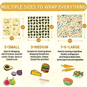 Reusable Beeswax Wrap - 9 Pack Beeswax Wraps for Food, Eco-Friendly Beeswax Food Wraps, Bread Sandwich Wrapper - Organic, Sustainable, Zero Waste, Reusable Plastic-Free Food Wrap, 1XL, 3M, 5S