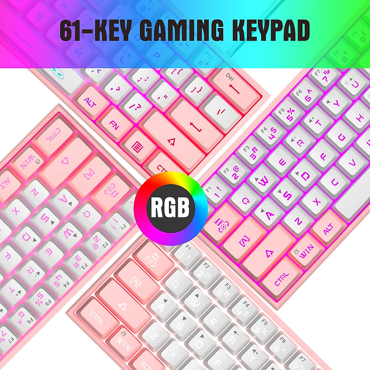 MageGee 60% Wired Gaming Keyboard, RGB Backlit Ultra-Compact Mini Keyboard, Waterproof Mini Compact 61 Keys Keyboard for PC/Mac Gamer, Typist, Travel, Easy to Carry on Business Trip(White Pink)