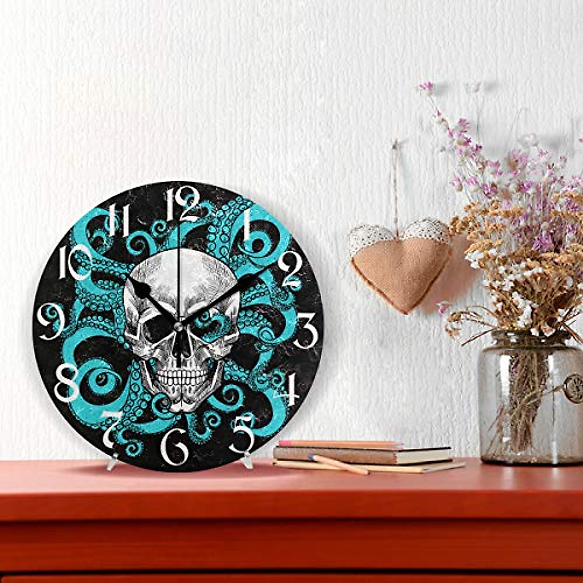 Skull Octopus Wall Clock Non Ticking Silent Desk Round Clocks Battery Operated Dual-use Art 10 Inch Quartz Analog Quiet Clock for Home Bedroom Living Room Decor